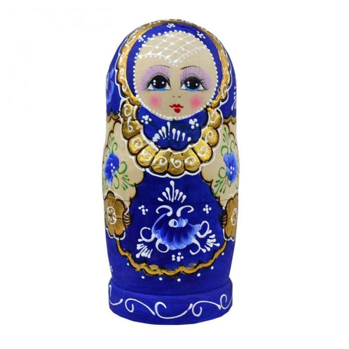 Wooden Blue and Gold Russian Matryoshka Nesting Dolls 7 Pieces